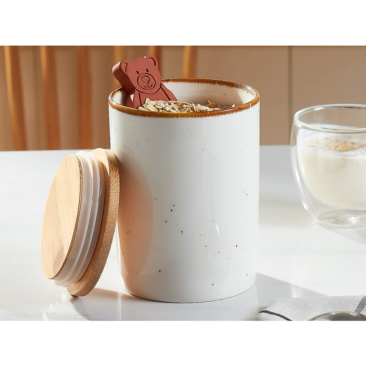 ONEMORE Ceramic Canisters Set for Kitchen Ceramic Storage Jars Countertop Sugar and Flour Storage Canisters With Bamboo Lids - Set of 3 Speckled Coffee Container Jars for Sugar, Tea, Cereal, Snack