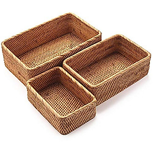 YANGQIHOME Natural Rattan Storage Baskets, Rectangular Woven Fruit Baskets, Wicker Decoration and Organizer for Bathroom, Living Room (Set of 3)