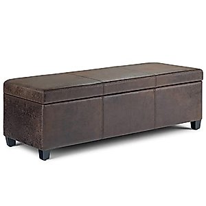 SIMPLIHOME Avalon 48 Inch Wide Contemporary Rectangle Storage Ottoman Bench in Distressed Brown Vegan Faux Leather, For the Living Room, Entryway and Family Room