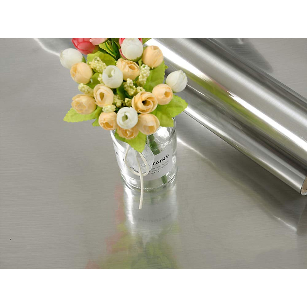 Yija Self Adhesive Brushed Metal Look Film Vinyl Waterproof Anti Greasy Counter Top Peel Stick Metallic Gloss Shelf Liner for Kitchen Cabinet 15.6inch by 79inch (Silver)