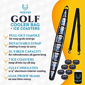 Super Large Golf Beer Sleeve for Golf Bag with 7 Reusable Cold Packs - XL-Size: 9 Cans Golf Cooler Bag - Great Golf Gift - Golf Bag Beer Cooler Sleeve - with Detachable Strap - Original Black
