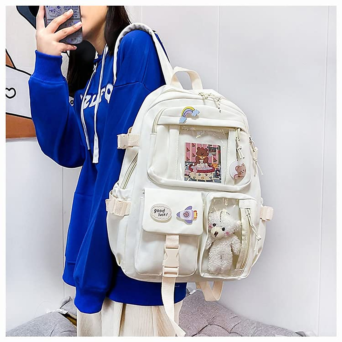 Kawaii Backpack with Kawaii Pin And Accessories, Cute Preppy Travel Backpack for Girls School with Plush Pendant (Beige)