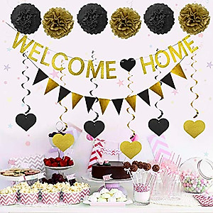 Lnlofen Welcome Home Banner Sign Decoration Kit, 14pcs Welcome Back Family Party Decorations Supplies - Including Welcome Home Banner, Triangle Flag, 6pcs Hanging Swirls, 6pcs Poms