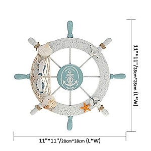 Rienar Nautical Beach Wooden Boat Ship Steering Wheel Fishing Net Shell Home Wall Decor White - Fish