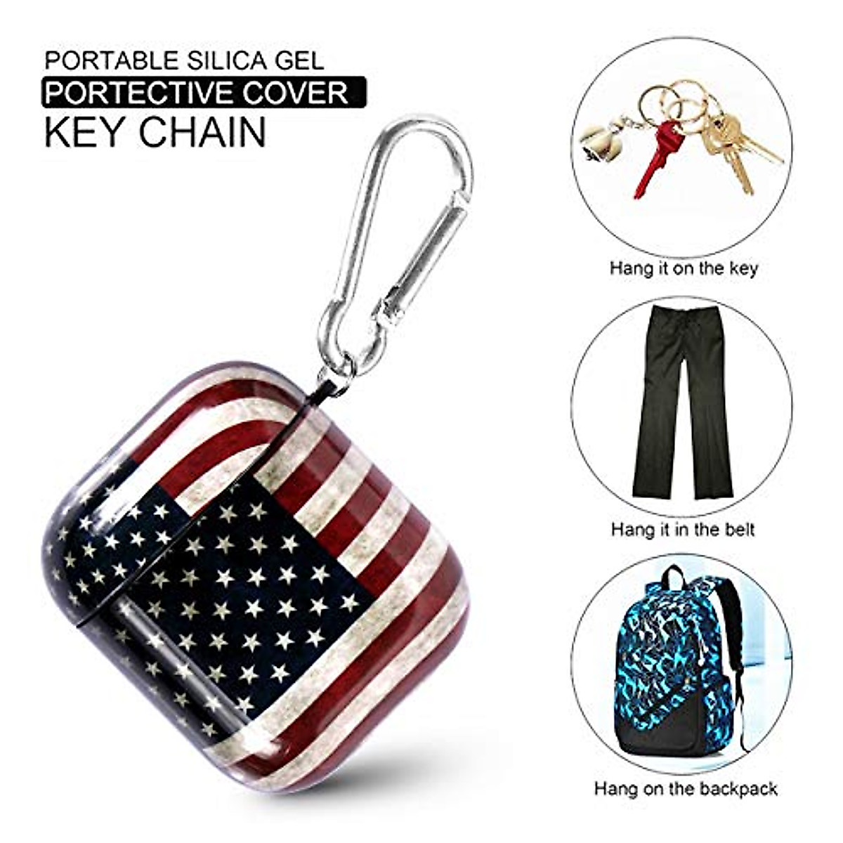 ROLEES Airpods Case,3 in 1 Cute Marble Airpods Accessories Protective Hard Case Cover Portable & Shockproof Women Girls Men with Keychain/Strap/Earhooks for Airpods 2/1 Charging Case (American Flag)