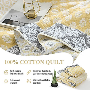 DDUOXIN Floral Quilts King Size - 100% Cotton Reversible King Quilt with 2 Pillow Shams, Farmhouse Soft Bedspreads Lightweight King Quilt Bedding Set, Yellow/Grey, King