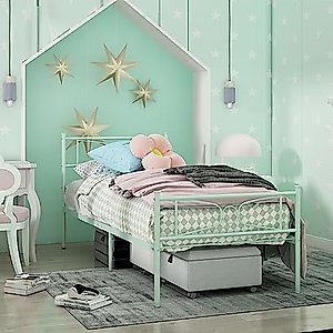 Twin Bed Frames with Storage for Girls Twin Beds for K'ids Metal Platform Bed Frame/Mattress Foundation/No Box Spring Needed/Steel Slat Support, Green