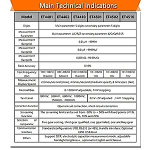 East Tester Desktop LCR Meter inductance Tester 10~100KHz Continuously Adjustable; 1Hz Step; Support SCPI; (4510, Grey, 3)