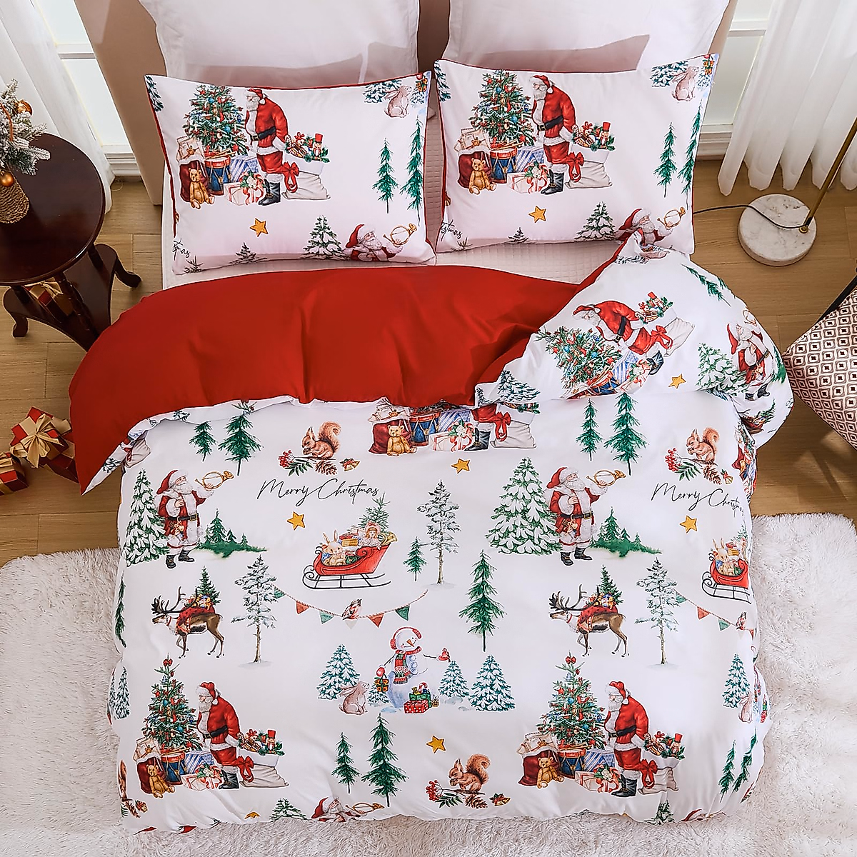 Christmas Duvet Cover Set Queen Size Santa Claus Snowman Christmas Tree Bedding Set, Microfiber Red Xmas Comforter Duvet Cover with Pillowcases Festive Winter Holiday Decor(Zipper Closure,90''x90'')