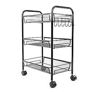Karl home 3 Tier Storage Cart, Rolling Shelving Unit with Hooks, Trolley Craft cart, for Kitchen Bathroom Office Living Room, Black(17.32" L x 10.24" W x 24.41" H)