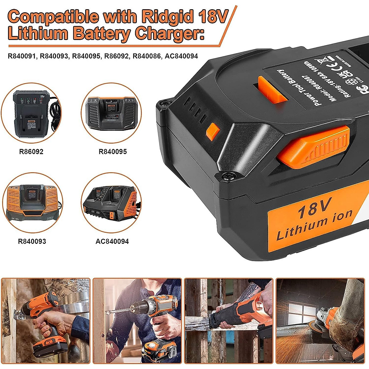 ARyee 18V 6000mAh Battery Replacement Compatible with RIDGID 18V Drill R840087 R840083 R840086 R840085 R840084 Cordless Tools Lithium Ion Battery, 2 Pack