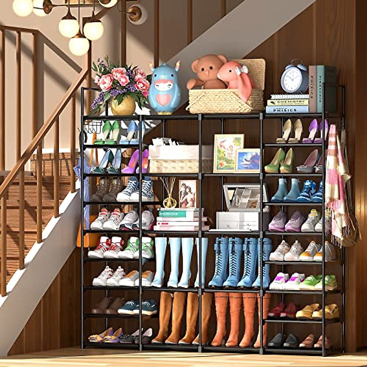 Huolewa Large Shoe Rack Organizer Storage, 4 Row 9 Tier for Bedroom Closet Entryway, Free Standing Tall Metal Shelf Stand, Sturdy Big Black Garage Shoe Holder for 64-72 Pair