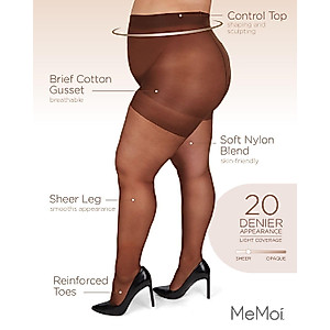 MeMoi Plus Size Curvy Control Top Pantyhose for Women, Comfortable Silky Sheer Pantyhose, Lightweight Womens Stockings - French Coffee 7X