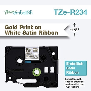 Brother P-touch Embellish Gold Print on White Satin Ribbon TZER234 – ~½” Wide x ~13.1’ Long for use with P-touch Embellish Ribbon & Tape Printer