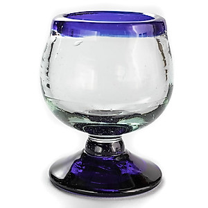 MEXTEQUIL - Authentic Mexican Tequila Hand Blown Shot Glasses - Set of 4-2 oz - Mini Glass Snifters - Heavy Base - Cognac (Cobalt Blue Rim)