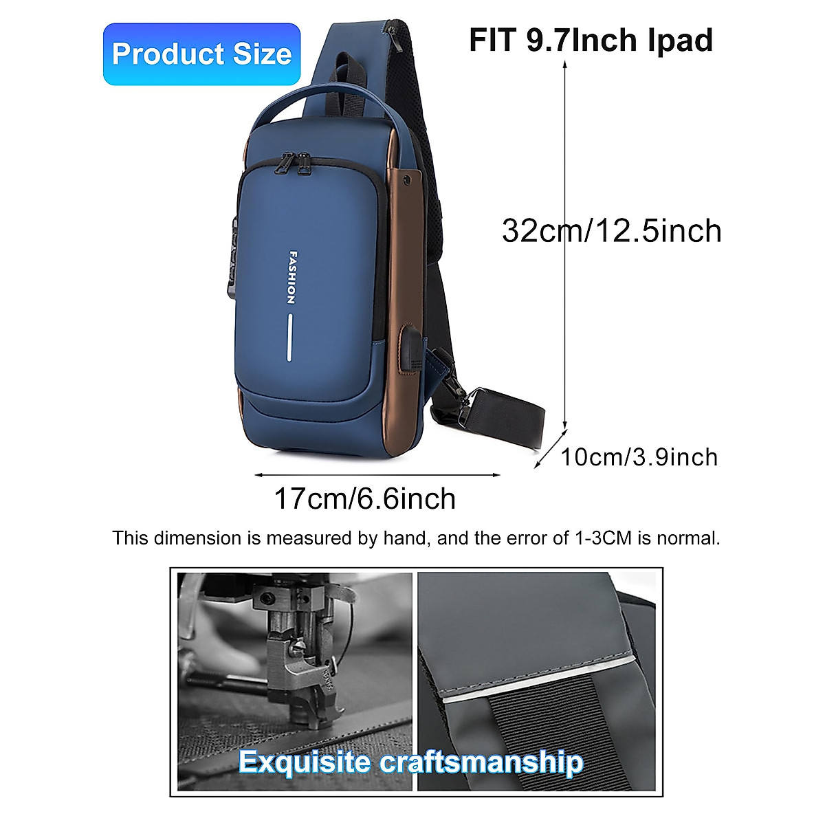 Geanbun Anti-Theft Sling Bag USB Shoulder Bag Crossbody Backpack Waterproof Chest Daypack Lightweight(Blue)