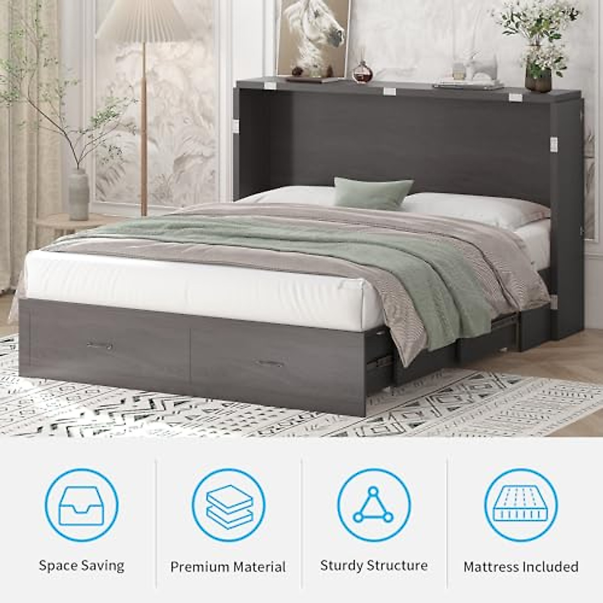 Mjkone Murphy Bed Cabinet Queen with Foldable High Elasticity Mattress, Cube Cabinet Bed with USB Charging Station, Solid Wood Chest Bed for Bedroom Guest Room Office (Gray, Cabinet Bed A)