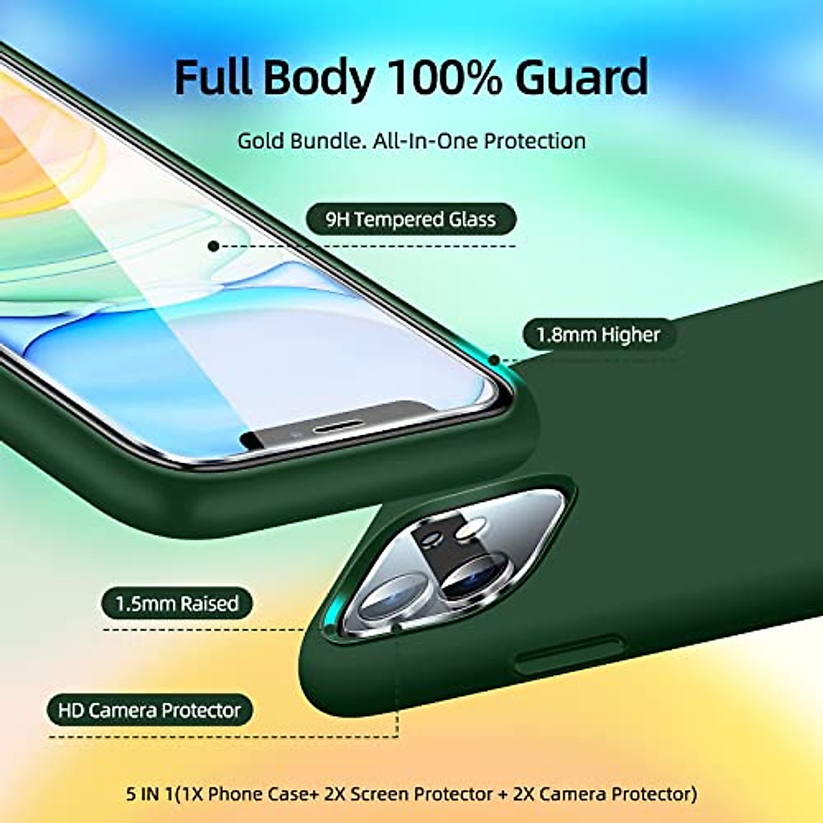 JTWIE [5 in 1 for iPhone 11 Case 6.1 inch, with 2 Pack Screen Protector + 2 Pack Camera Lens Protector, Liquid Silicone Slim Shockproof Protective Phone Case [Microfiber Lining]… (Alpine Green)