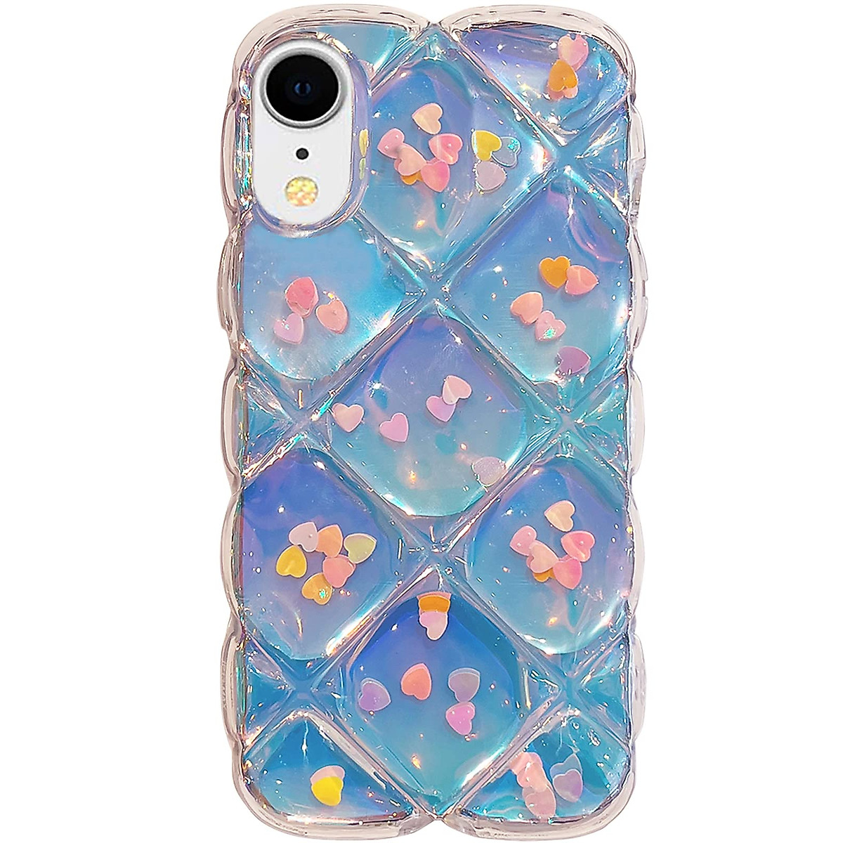 Qokey for iPhone XR Case 6.1",Cute Laser Gradual Bling Love Heart Glitter Clear+Translucent Card Soft Wave Frame Anti-Falling 3D Thick Shockproof Phone Cover for Women(for XR 6.1")