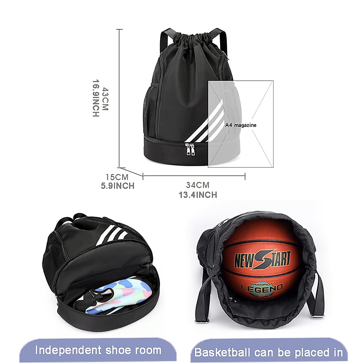 JUST DO Drawstring Gym Backpack with Shoes Compartment, Sports Backpack for Men women, Waterproof for Swim Sport Yoga Hiking Travel (Black)