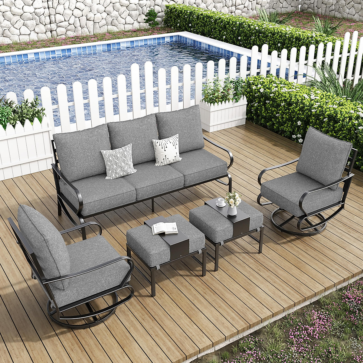 Amopatio Patio Furniture Set, Outdoor Furniture Set with Swivel Chair, 5 Pieces Patio Conversation Sets with 5.75" Extra Thick Cushion Include Waterproof Covers for Poolside Deck, Grey