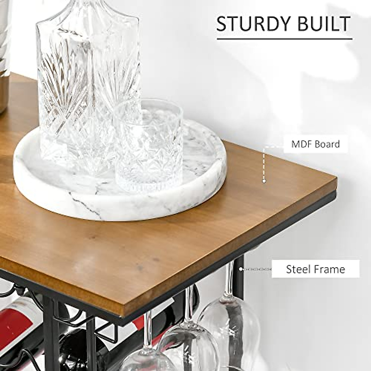 HOMCOM 24-Bottle Industrial Modern Wine Rack Table, Freestanding 6 Tier Wine Bottle Organizer with Glass Stemware Holder, Natural/Black