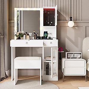 Ksuefao Vanity Desk with LED Lighted Mirror & Charging Station, Makeup Vanities Table with 2 Drawers for Bedroom, Storage Bench Included, White