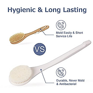 VANZAVANZU Shower Brush, Bath Body Brush with Soft Bristles, Back Brush Long Handle for Shower, Dry Exfoliating Brush or Wet Shower Brush with Moderate Bristles, Cream White
