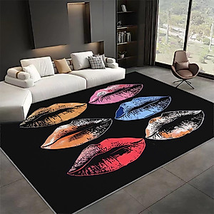 Area Rugs for Living Room 2x3 ft Colored Lips Black Washable Area Rug, Non Slip Floor Carpet, Ultra Soft Low Pile Rugs, for Bedroom, Dining Room, Office, Home Decor Rug