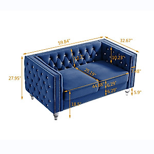 BeiXuan Modern Eucalyptus Wood Frame Convertible Loveseat Sofa Bed,2-Seat Couch Leisure Chair with Upholstery Pillows,for Living Room/Reading/Bedroom/Apartment/Small Space,Blue Velvet