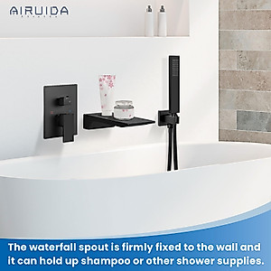 Airuida Wall Mount Tub Faucet with Waterfall Tub Spout Wall Mounted Bathtub Faucet with Handheld Shower Single Handle Tub Filler Shower Faucet Set with Rough-in valve Straight Spout Matte Black