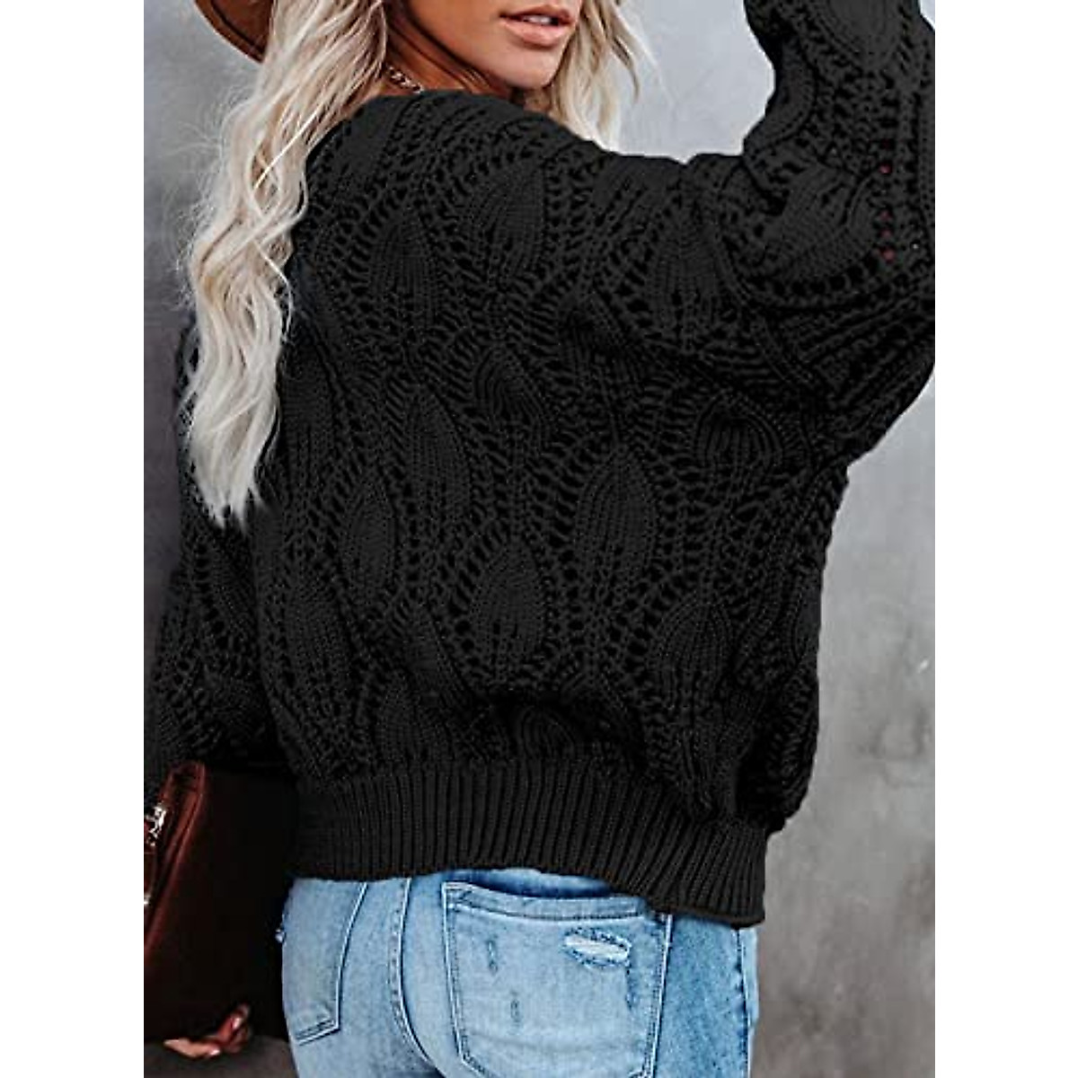 AlvaQ Womens Crochet Sweaters Cute V Neck Long Sleeve Hollow Out Cable Ribbed Knit Pullover Jumper Tops Fall Fashion 2023 Black Large