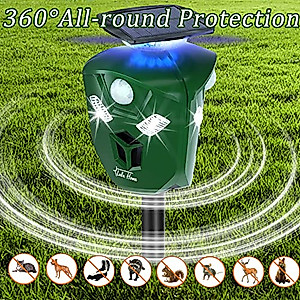 Lulu Home Ultrasonic Animal Repeller, Outdoor Weatherproof Solar Powered PIR Repellent with Motion Activated Flashing LED Light, Repel Dogs, Squirrels, Raccoon, Rabbit, Deer & More