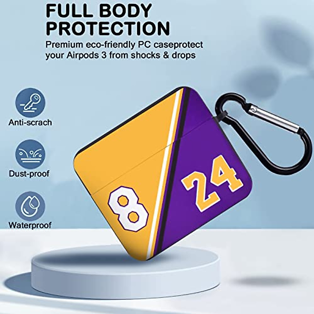 Basketball 8/24 Case Cover for Airpods 3rd Generation (2021) with Keychain for Fans Boy Men Girl Teen Jersey Cool Fun Design Mamba Spirit Square ​Hard Skin Protective Case Compatible with Airpods 3