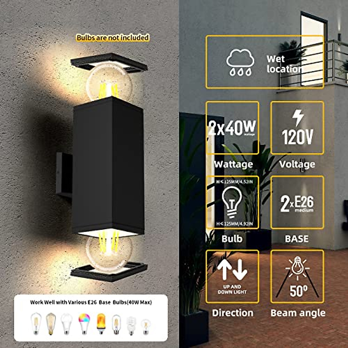 Double century Modern Outdoor Wall Lights,Porch Light Outdoor Wall,Aluminum Outdoor Wall Sconce,Exterior Up and Dwon Lighting for House,Doorway,Patio, Outside Light for A19 Bulb