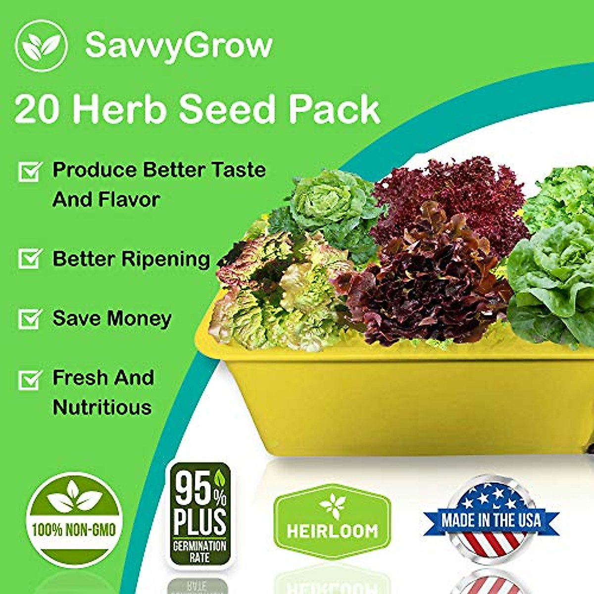 SavvyGrow Herb Lettuce Green Seeds Combo - 20 Variety 4000+ Heirloom Garden Seeds for Planting - 95% Plus Germination Rate, Non-GMO & Source in USA Vegetable Seeds