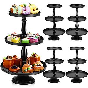 Tioncy 4 Pieces Black Tier Tray Cupcake Stand 3 Tier Metal Round Dessert Display Holder Decorative Tiered Serving Tray Fruit Tower for Birthday Party Wedding Anniversary