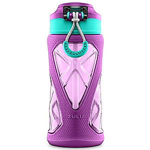 Zulu Torque 16oz Plastic Kids Water Bottle with Silicone Sleeve and Leak-Proof Locking Flip Lid and Soft Touch Carry Loop for School Backpack, Lunchbox, Outdoor Sports, Dishwasher Safe, Purple
