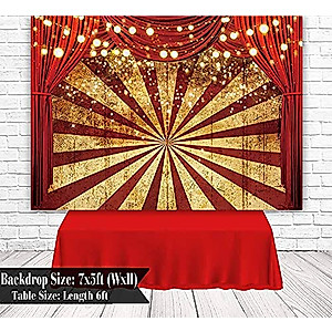 Funnytree Golden Glitter Red Curtain Photography Backdrop Circus Carnival Sparkle Stripes Background Baby Shower Birthday Party Potrait Cake Table Decoration Banner Photo Booth Props Halloween 7x5ft