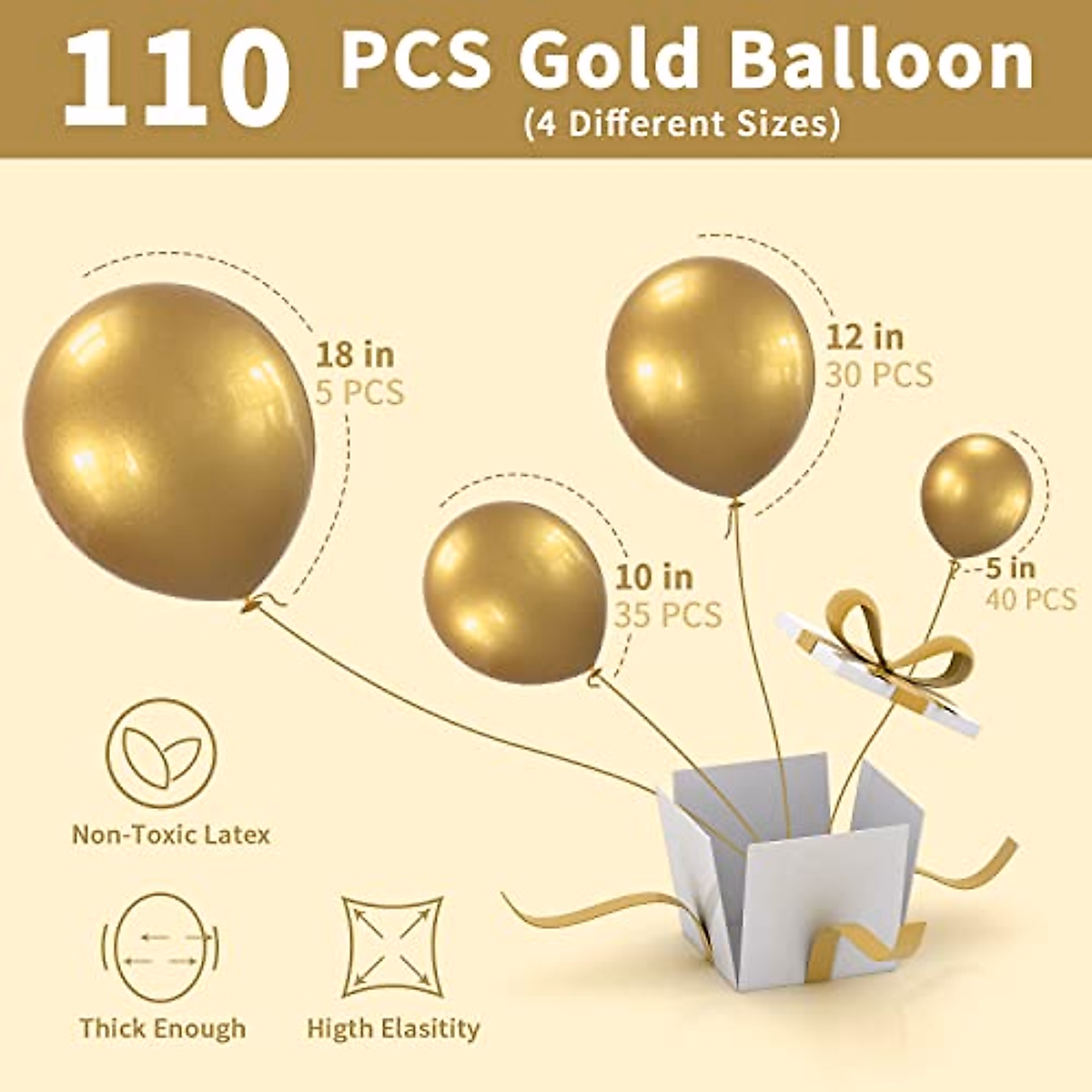Metallic Gold Balloons Different Sizes 110PCS 18/12/10/5 Inch Chrome Gold Balloon Garland Arch Kit Quality Latex Balloons Gold Decorations for Wedding Party Birthday Graduation Baby Shower