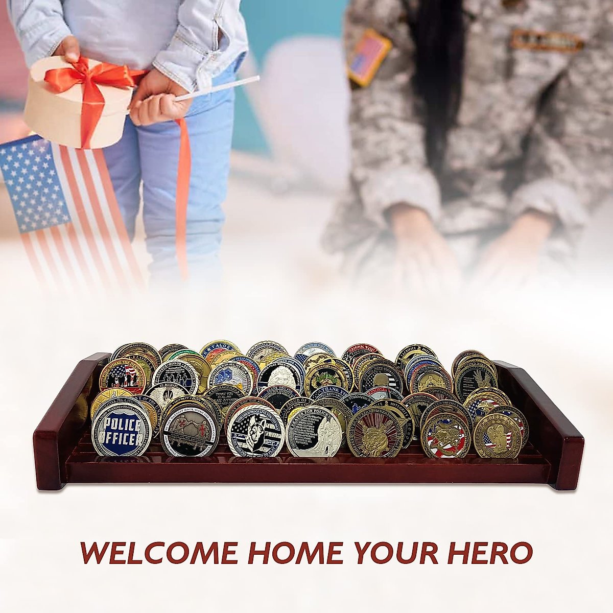 ASmileIndeep 8 Rows Military Challenge Coin Display Stand - Holds 60-70 Coins, Solid Wood Army Police Coin Rack Display Holder for Desktop, Mahogany