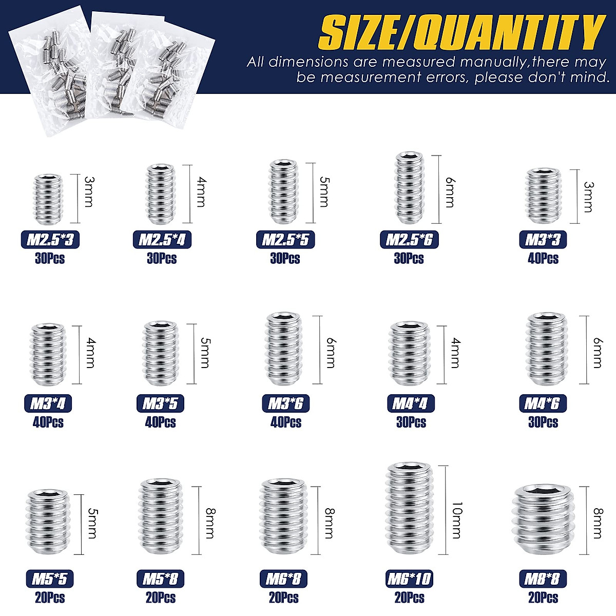 Bonost 440Pcs Set Screw Assortment Kit Metric - M2.5 M3 M4 M5 M6 M8 Stainless Steel Hex Allen Head Socket Grub Screw, Small Set Screws for Door Handles, Bathroom Fixture