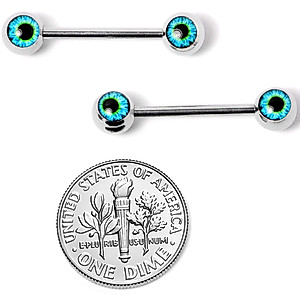 Body Candy 14G Womens Nipplerings Piercing Steel 2Pc Haunting Blue Human Eyeball Nipple Ring Set 5/8"