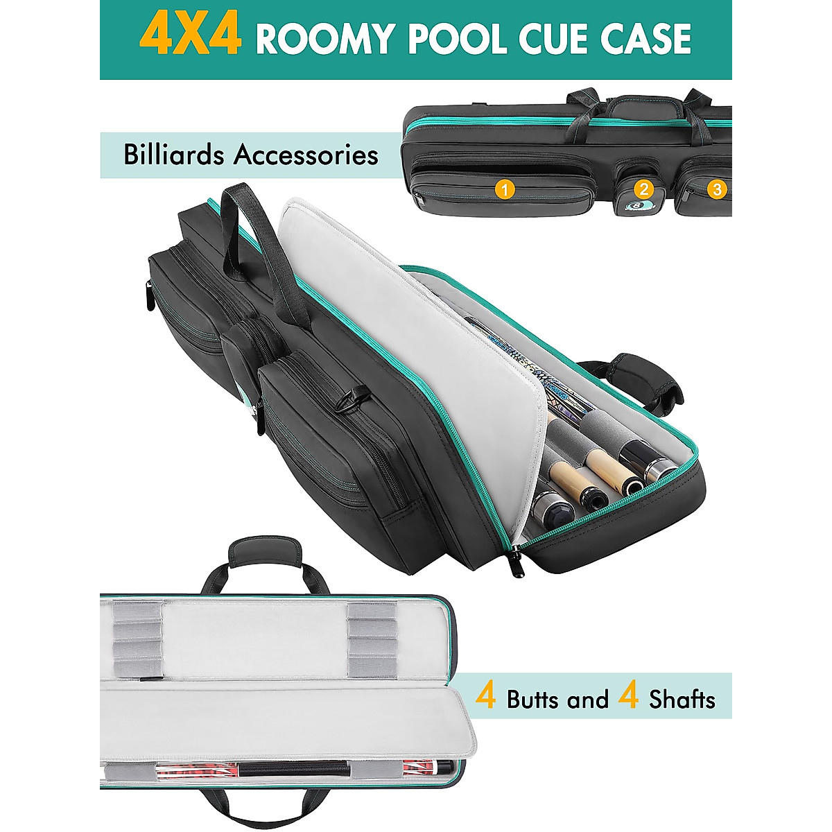 PEKREWS Pool Cue Case 4x4 Pool Stick Bag with Backpack Straps Soft Billiard Cue Carrying Case with Shoulder Strap, Billiard Stick Case Holds 4 Butts 4 Shafts and Billiards Accessories, Black