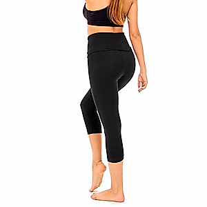 DEAR SPARKLE Fold Over Yoga Pants for Women Cotton Leggings Foldover High Waist Leggings Capri Plus Size (C7 F) (Black, Medium)