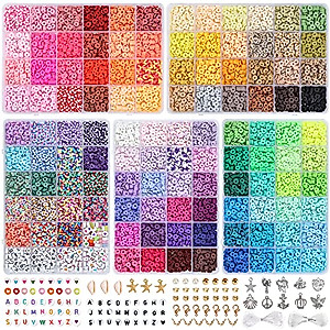 QUEFE 12000pcs, 115 Colors Clay Beads for Bracelets Making Kit Polymer Heishi Flat Beads Beads with Letter Beads for DIY Jewelry Marking Bracelets Necklace, 6mm