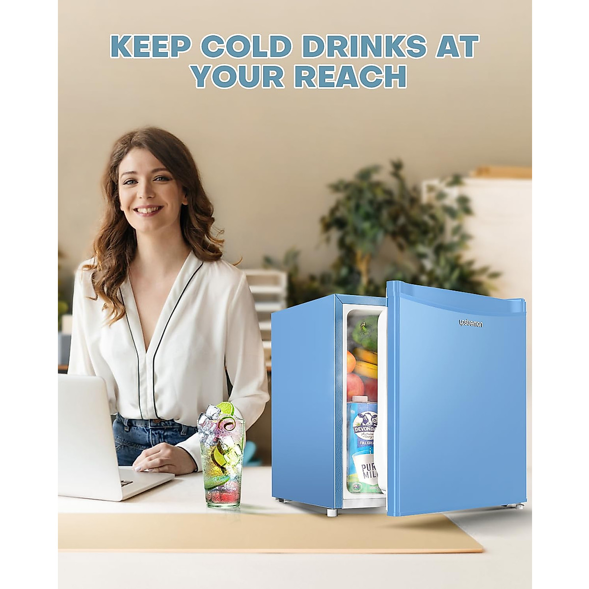 Upstreman 1.7 Cu.ft Mini Fridge with Freezer, Dorm Essentials, Adjustable Thermostat, Energy Saving, Low Noise, Single Door Compact Refrigerator for Dorm, Office, Bedroom, Blue-FR17