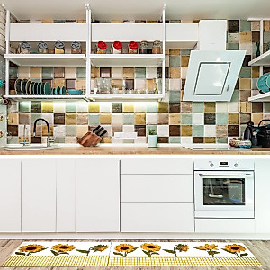 HJJKKH Sunflower Kitchen Rugs Set of 2pcs Anti Fatigue Mat,Waterproof Non Slip Sunflower Kitchen Mats Set for Kitchen Floor,Spring Summer Decorative Rugs for Home Kitchen (17x29.5+17x47.3 inche)