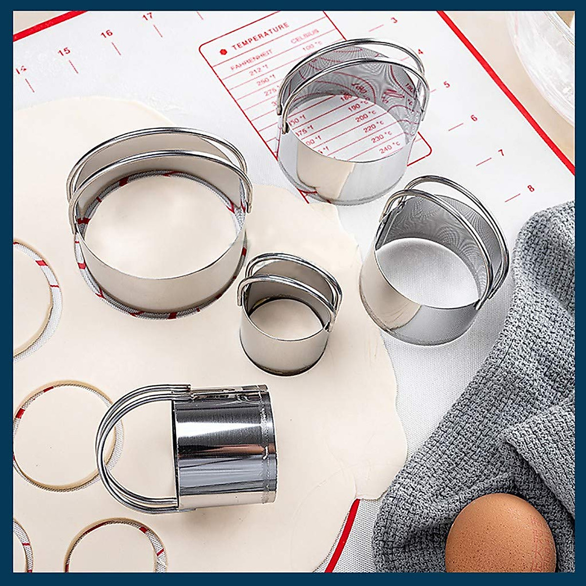 Hovico 5Pcs Biscuit Cutter Set, Stainless Steel Round Cookies Cutter Fondant Cutters with Handle for Cutting Thick or Thin Dough Stainless Steel Baking Tools Set - Flat Edge