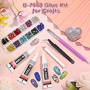 Rhinestones Adhesive Glue for Fabric, 2100Pcs 12 Color Craft Rhinestones Flatback with B7000 Glue Adhesive, Glass Gemstones with Tweezers for Craft, Jewelry, Makeup, Cloth Shoes and Nail Art